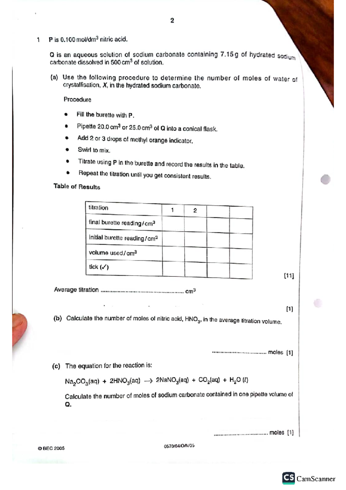 BEC 2005 Chemistry Titration Analysis: Sodium Carbonate & Acids - Studocu