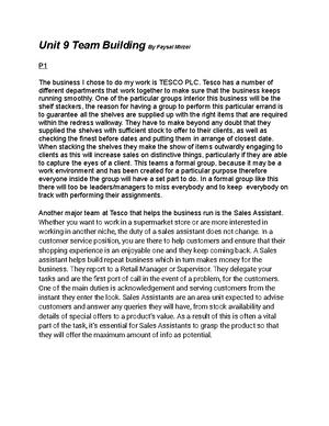 Unit 9, assignment one: team building in business: - In this report I will be exploring the ...