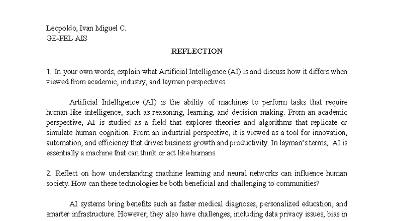 GE FE-AIS Reflection: Understanding AI Perspectives and Impacts - Studocu