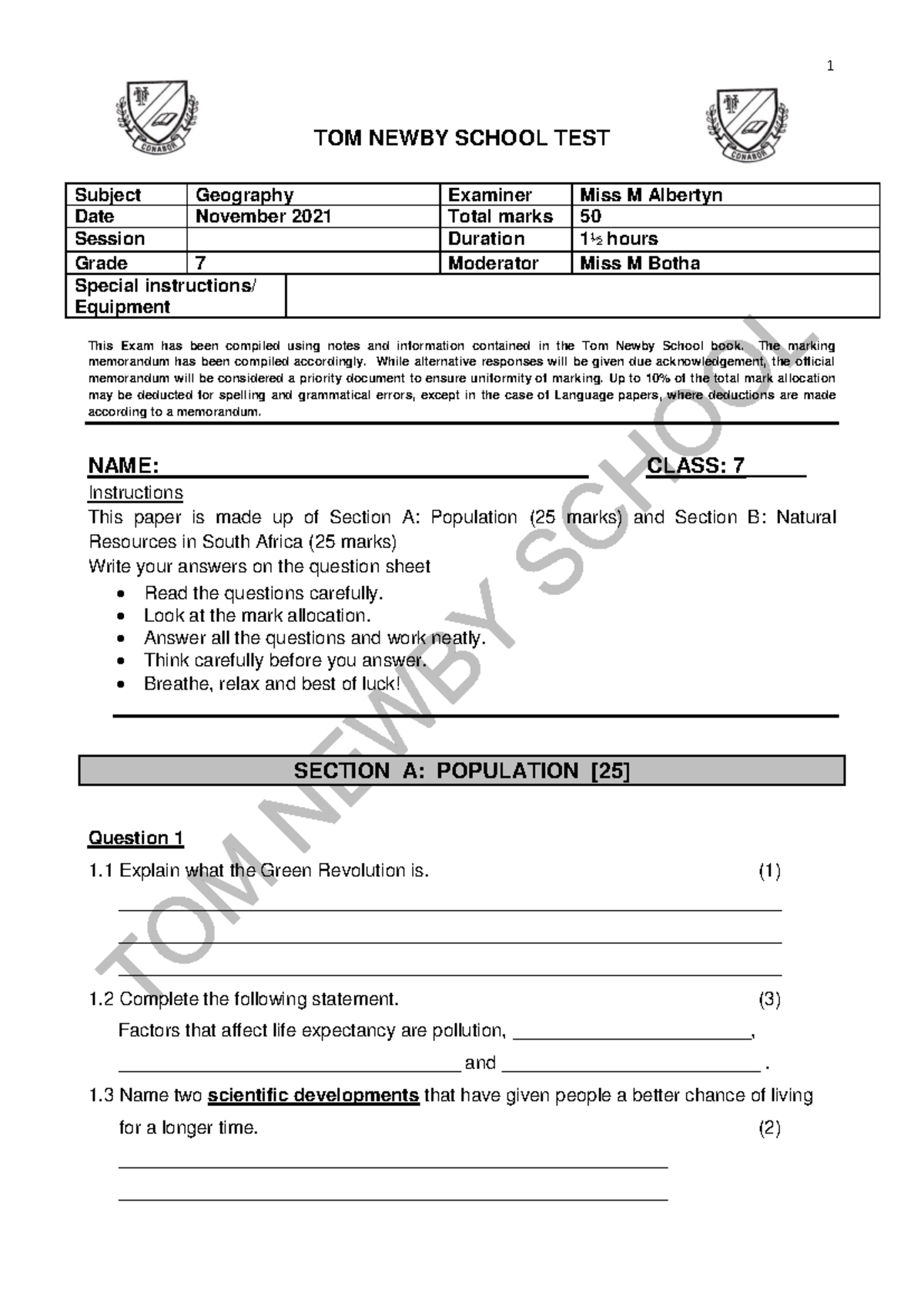 Grade 7 Geography Exam (TOM) - November 2021 - Studocu