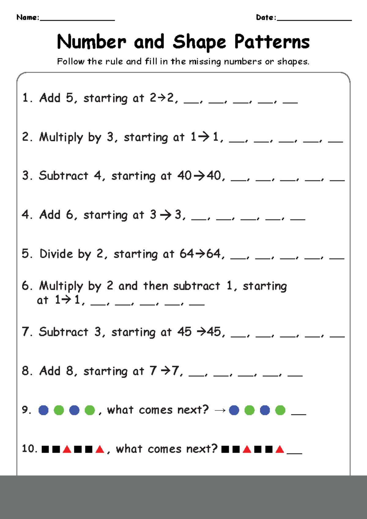 Number and Shape Patterns - 4th Grade Worksheet - Follow the rule and ...