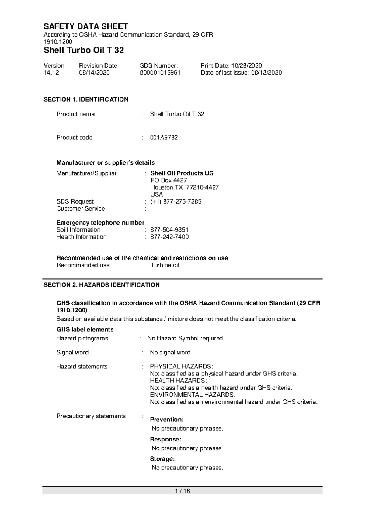 Shell Turbo Oil T 32 - Safety Data Sheet (SDS) Analysis - Studocu
