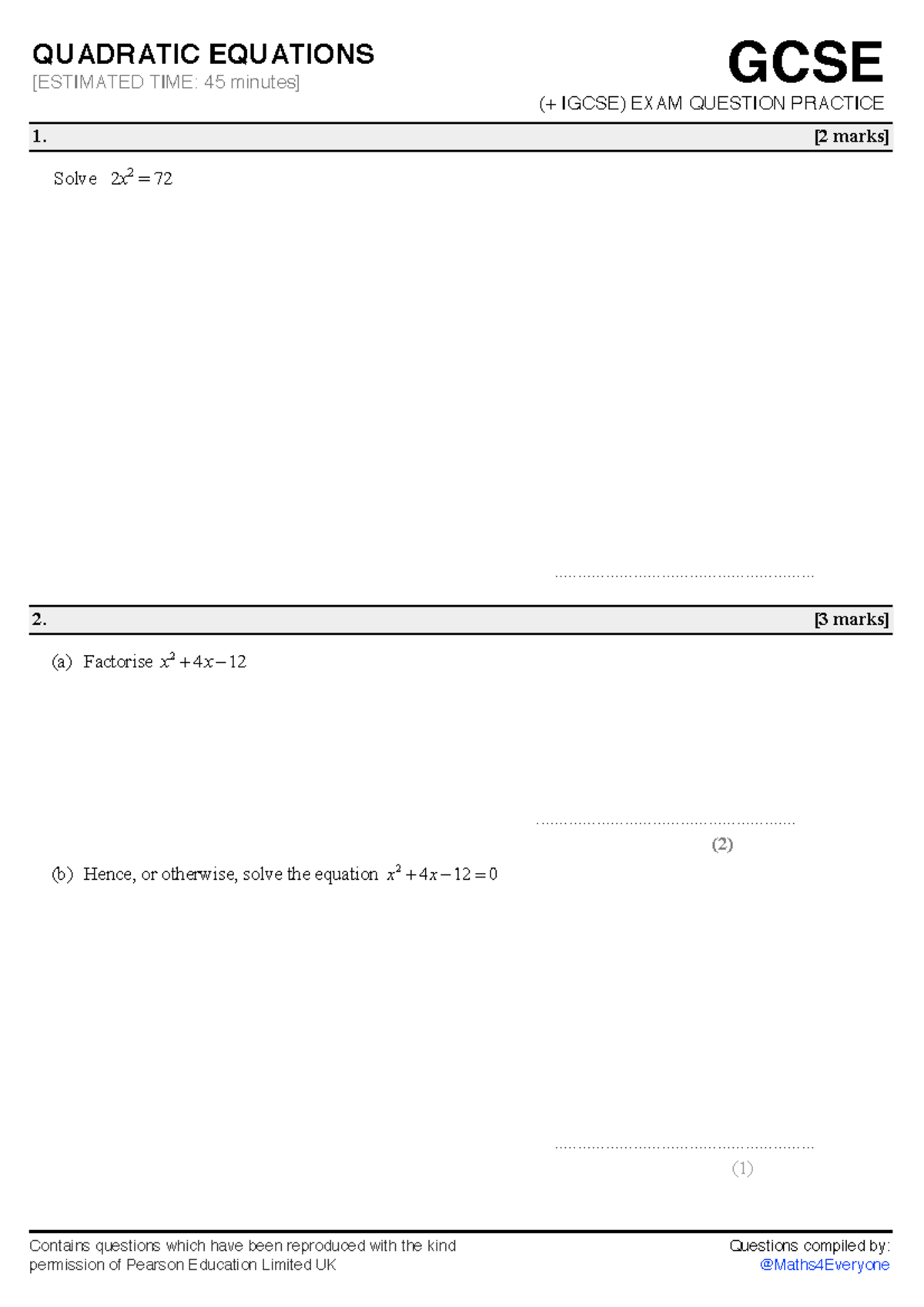 GCSE IGCSE Quadratic Equations Exam Question Practice 1 - Studocu