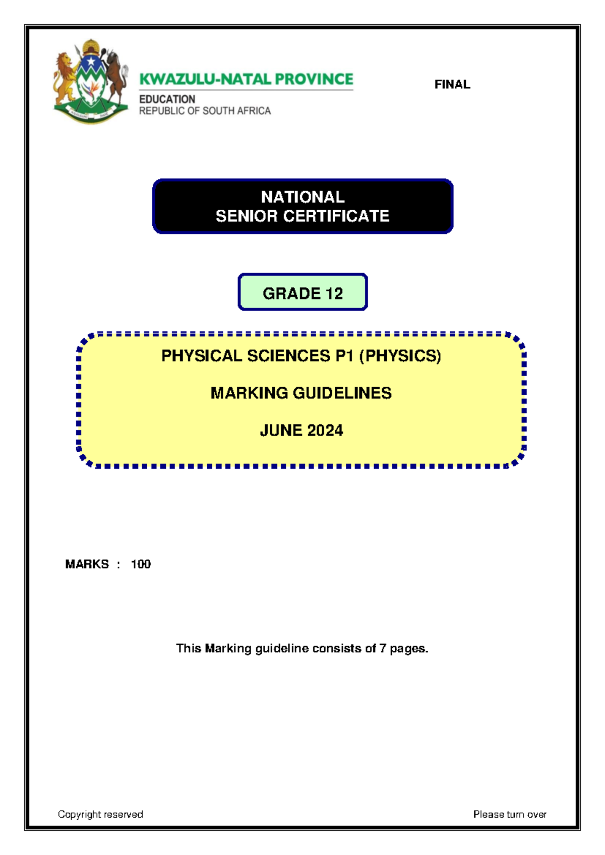 Physical Sciences P1 June 2024 Marking Guidelines - Grade 12 Final - Studocu