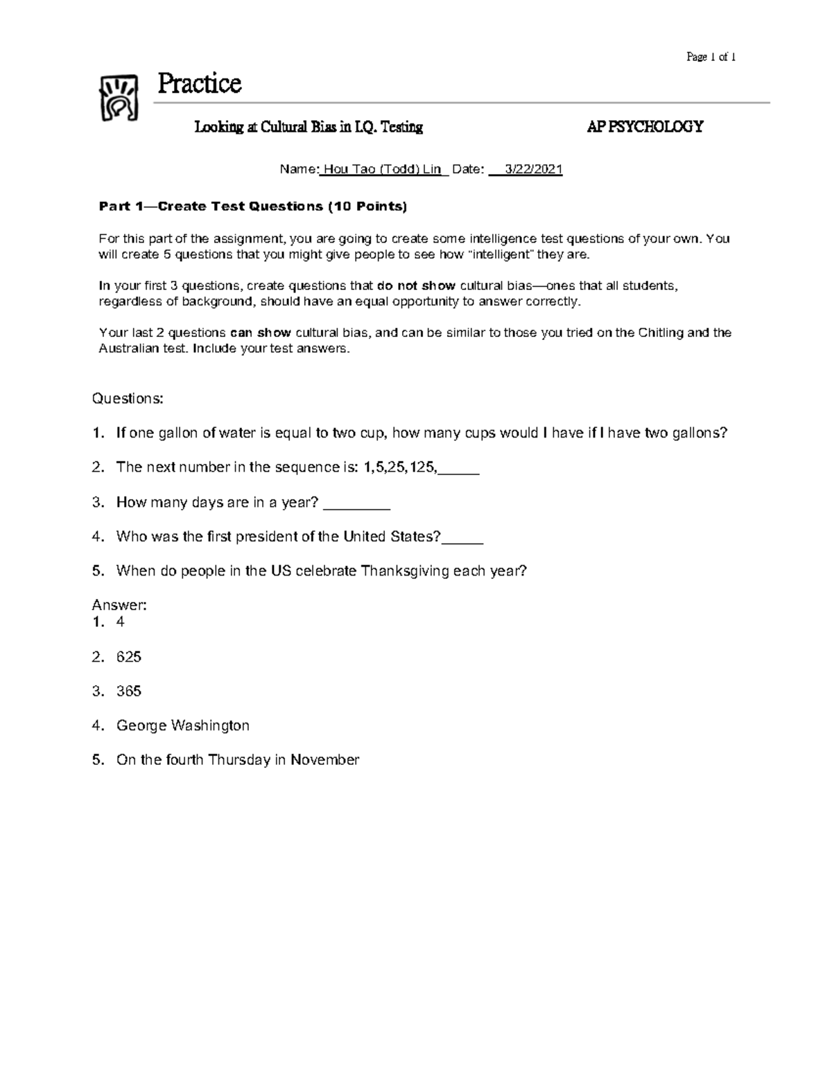 AP PSYCHOLOGY 4.4.6: Creating and Analyzing Bias in Intelligence Tests ...