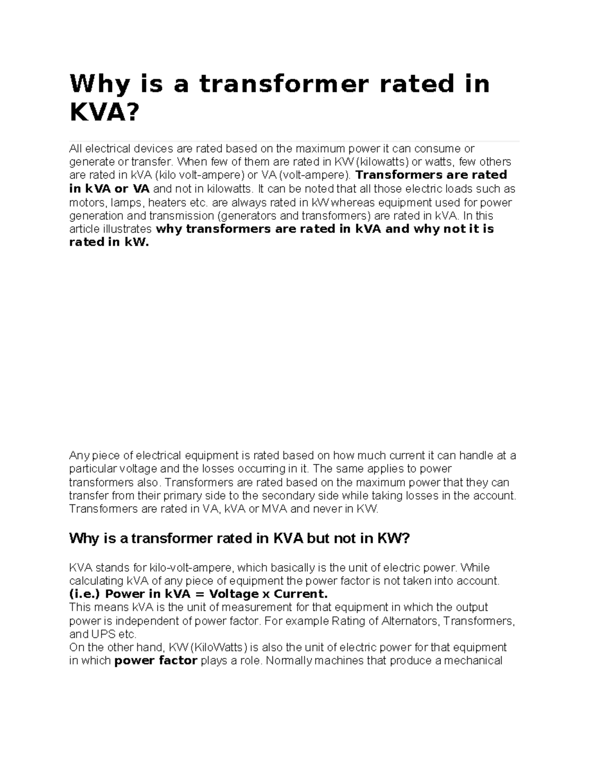 Understanding Transformer Ratings: Why KVA Instead of KW? - Studocu