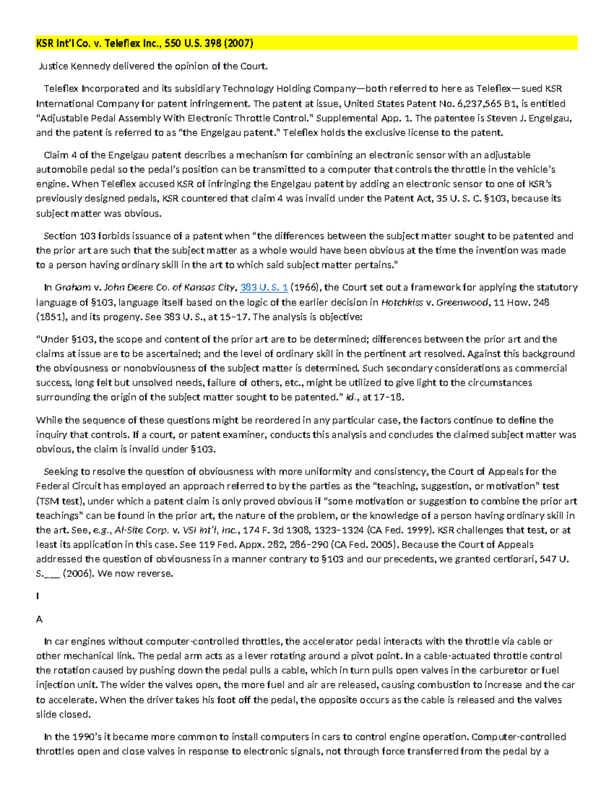 KSR Int'l Co. v. Teleflex Inc. (2007) - Supreme Court Ruling on Patent ...