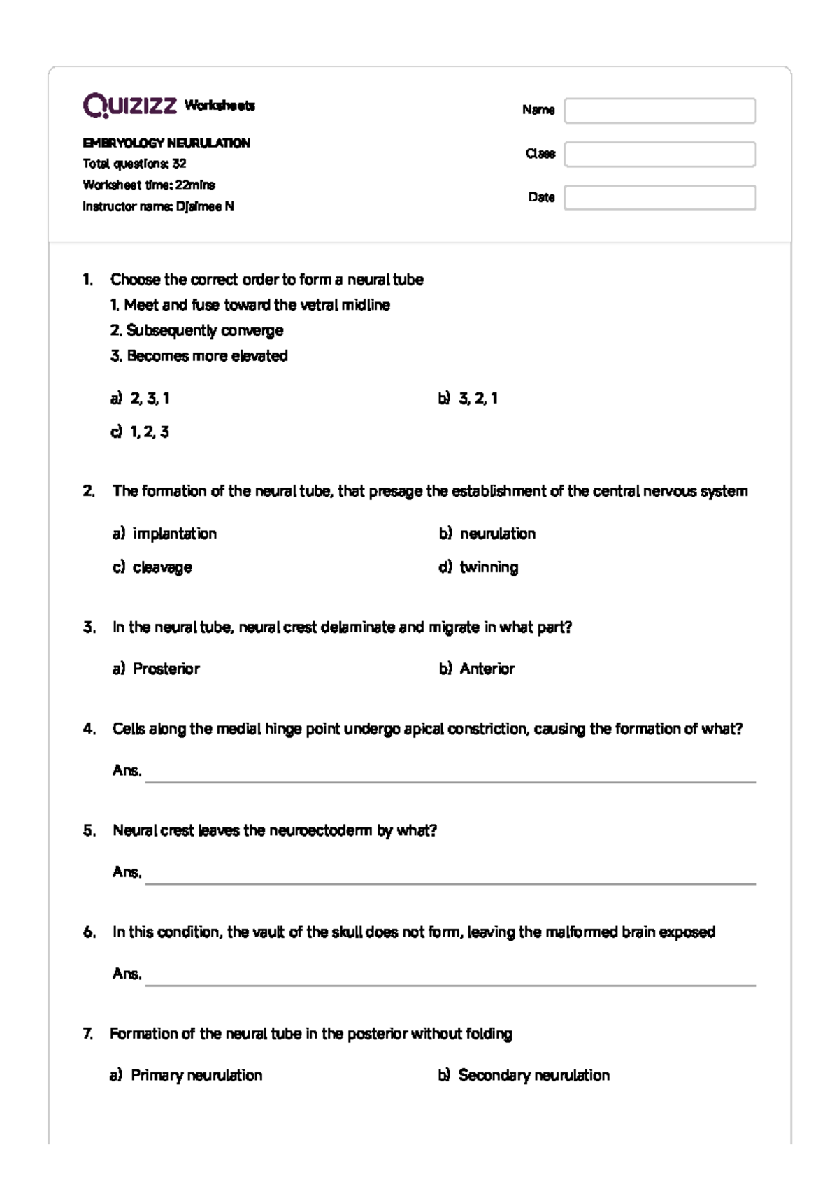 Embryology W1 Worksheet: Neurulation Concepts and Questions - Studocu