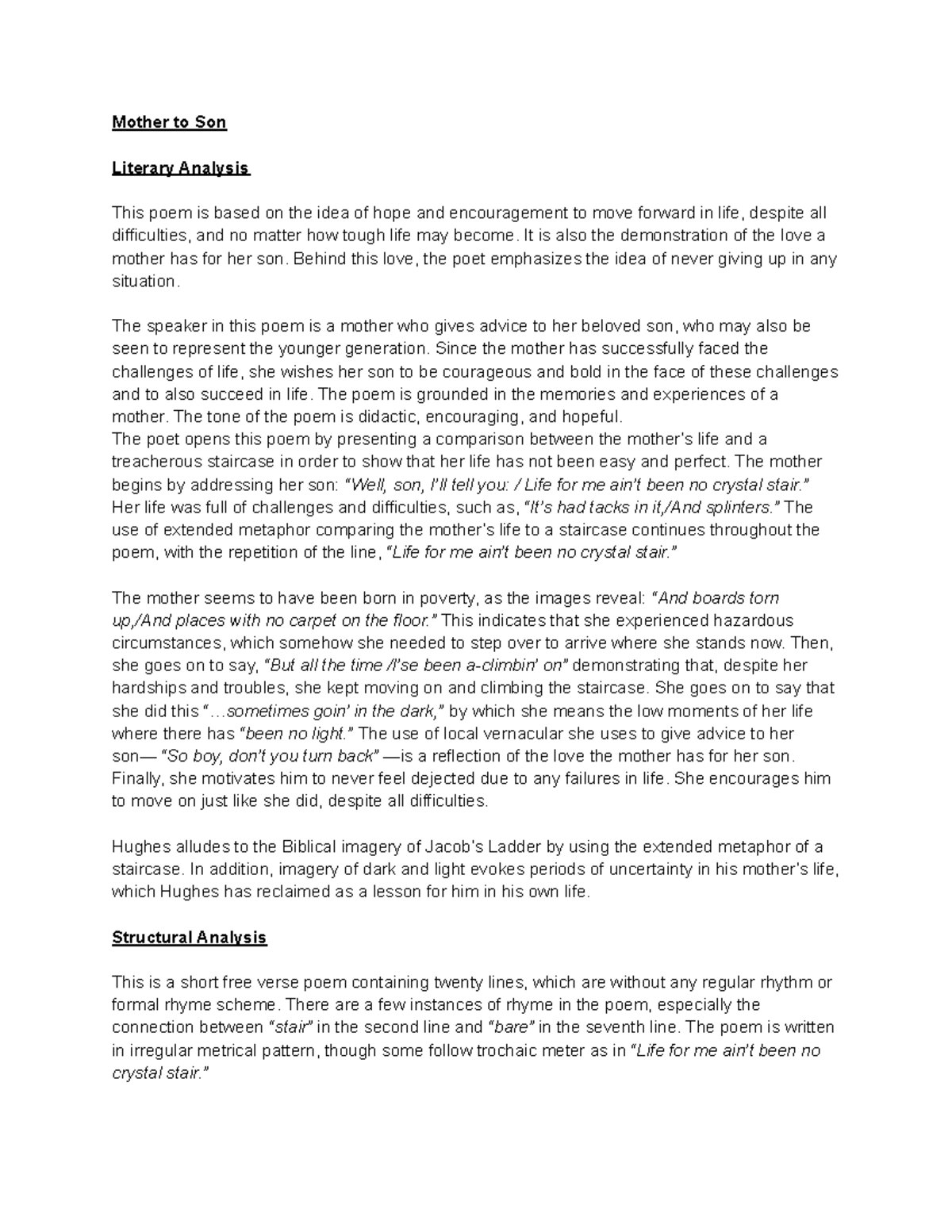 Mother to Son - Mother to Son Literary Analysis This poem is based on the idea of hope and - Studocu