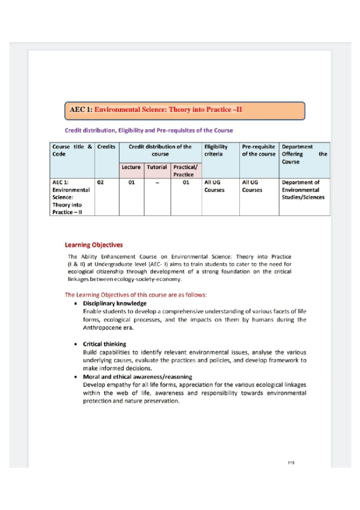 Syllabus Aec 1 Environmental Science Ii Sem 3 Overview Objectives