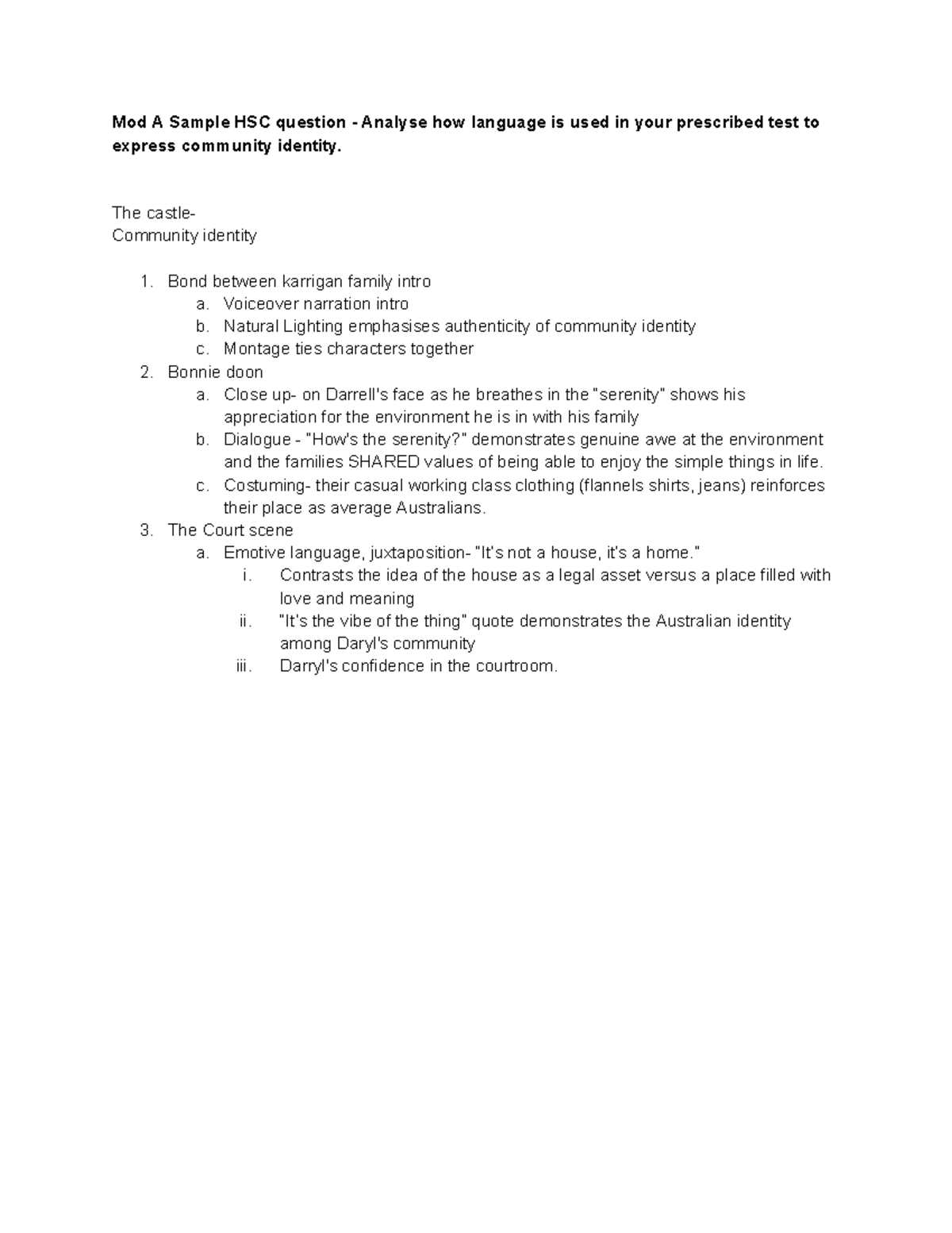 Mod A HSC Essay: Language & Community Identity in "The Castle" - Studocu