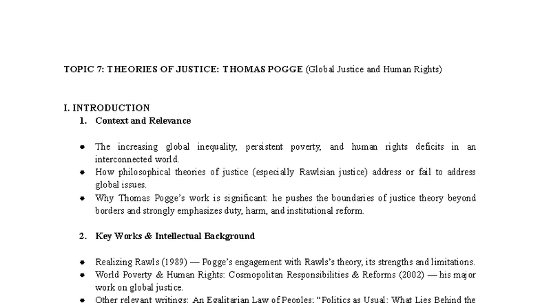 Theories of Justice: Thomas Pogge - A Critical Overview (Course Code ...