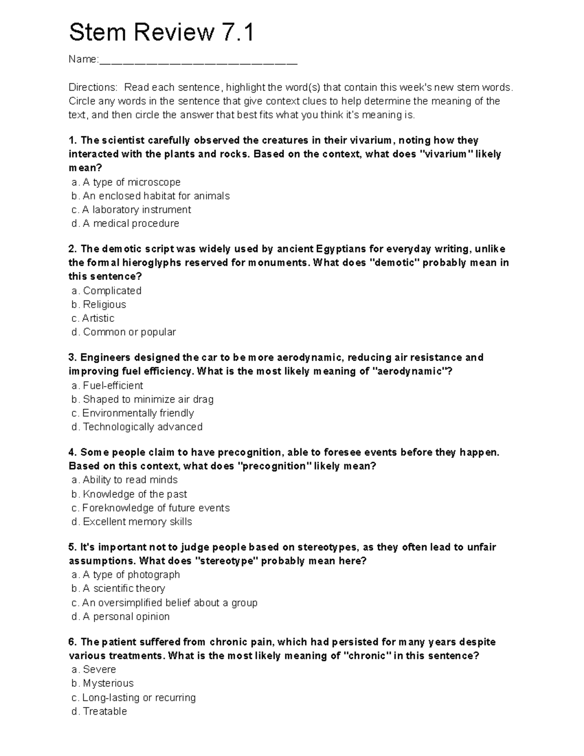 Stem Review Exercises for Vocabulary Enhancement (ENG 101) - Studocu