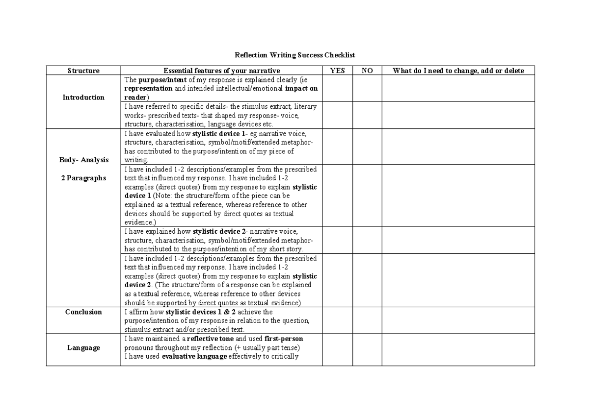 Reflection Writing Success Checklist: Structure & Essential Features ...