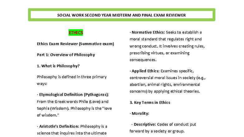 Ethics Summative Exam Reviewer (SOCIAL WORK 2nd Year) - Studocu