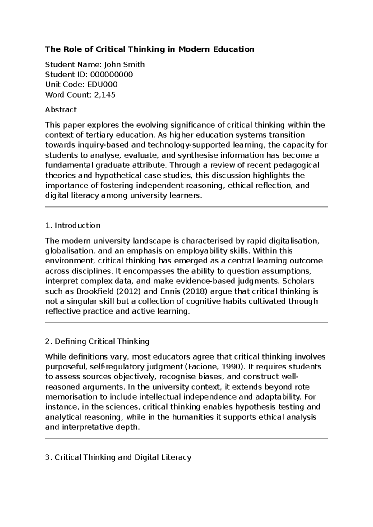 The Importance of Critical Thinking in Tertiary Education: A Study ...