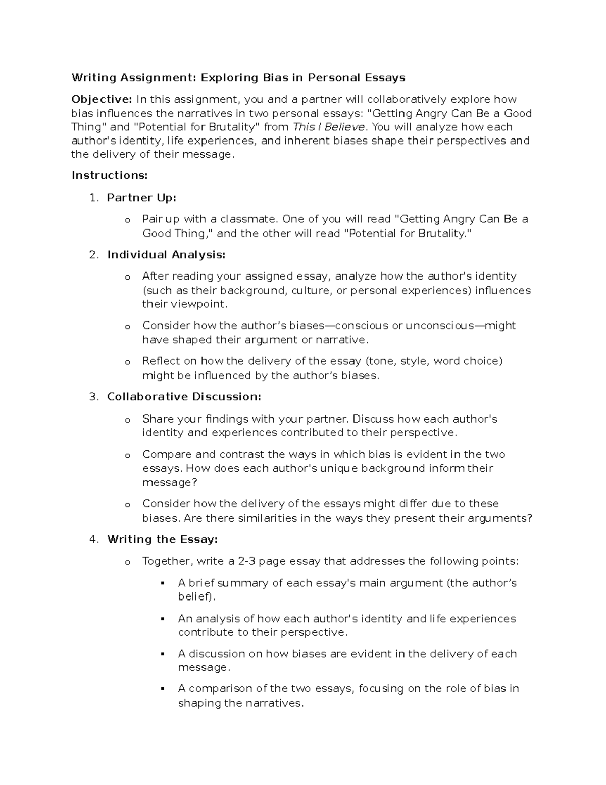 Bias This I Believe Partnered Essay - Writing Assignment: Exploring ...