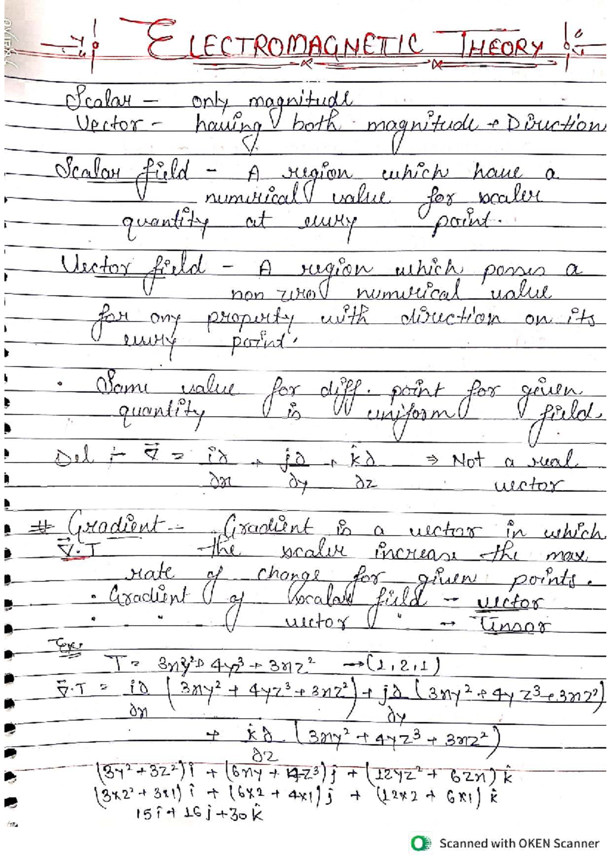 PHY - Electromagnetic Theory Notes on Scalar and Vector Fields - Studocu