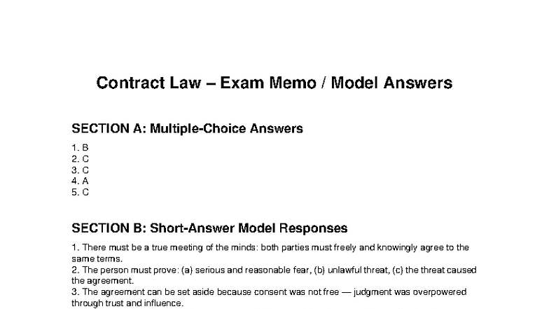 Contract Law Exam Memo Model Answers - Section A & B - Studocu