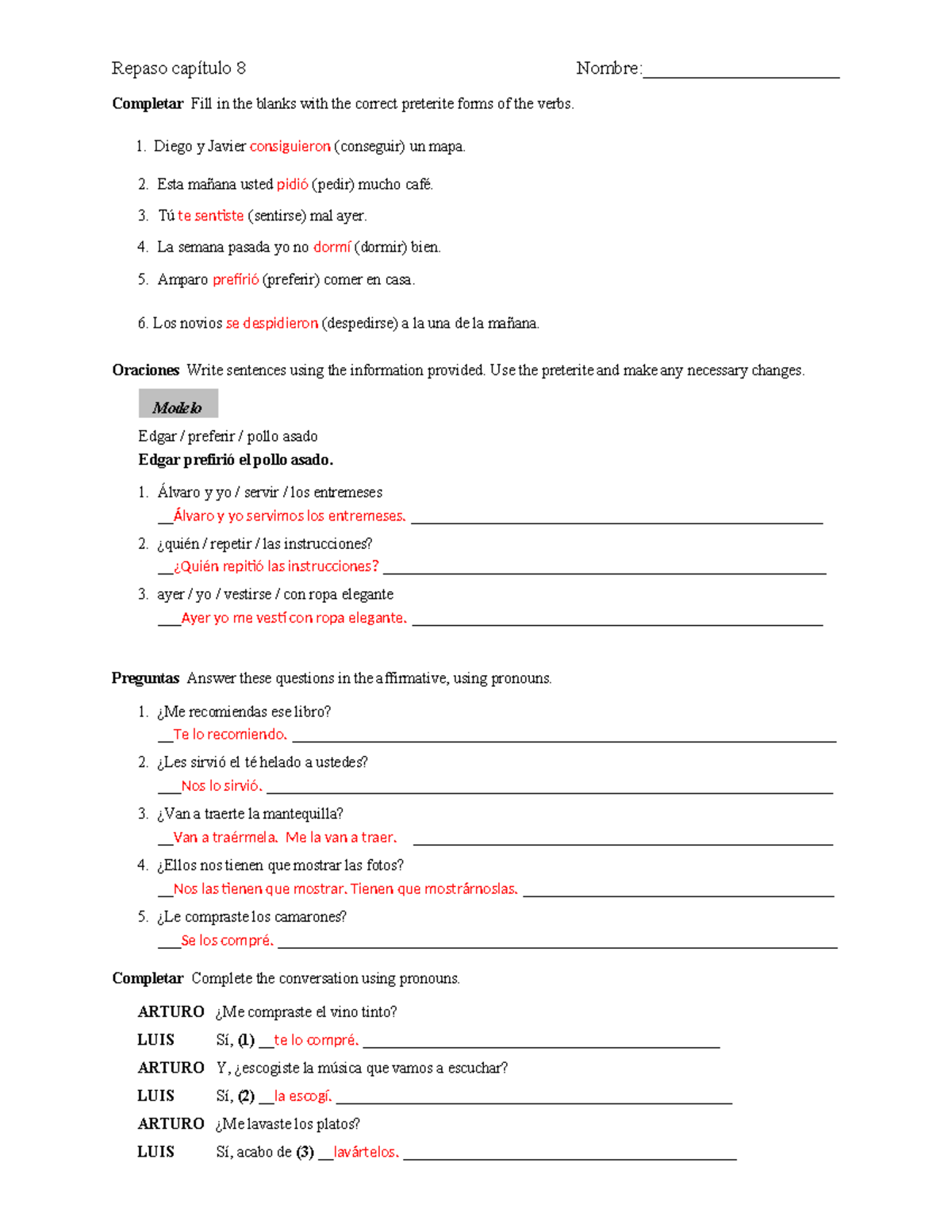 Repaso de la Gramática en Español: Capítulo 8 - Ejercicios y ...