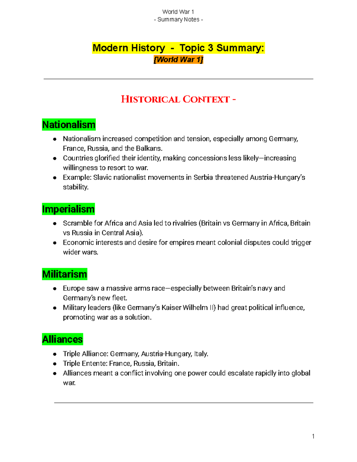 WW1 - Modern History Topic 3 Summary Notes on Causes and Impact - Studocu