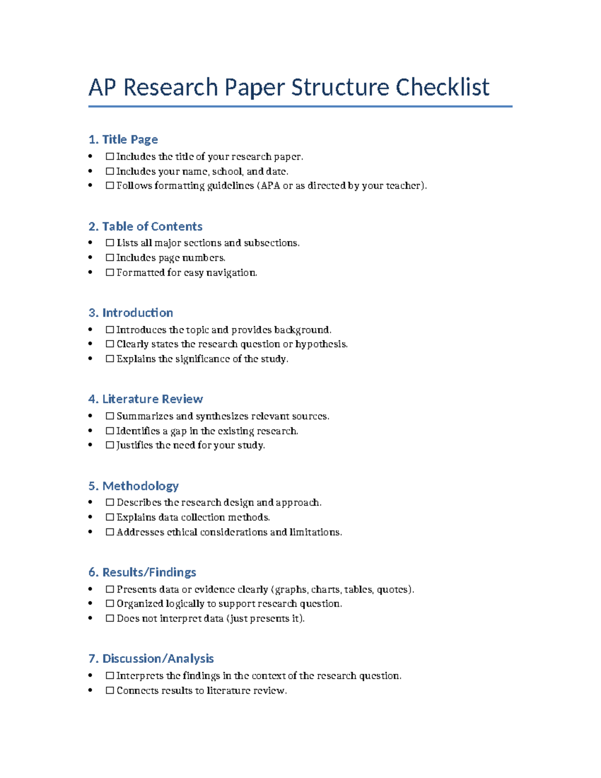 AP Research Paper Structure Checklist - Studocu
