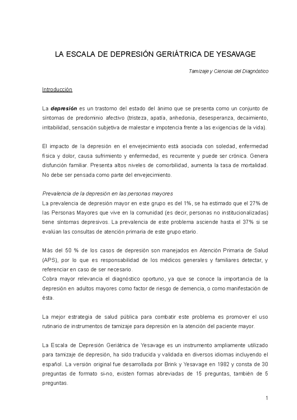 LA ESCALA DE DEPRESIÓN GERIÁTRICA DE YESAVAGE: Un Análisis Completo ...