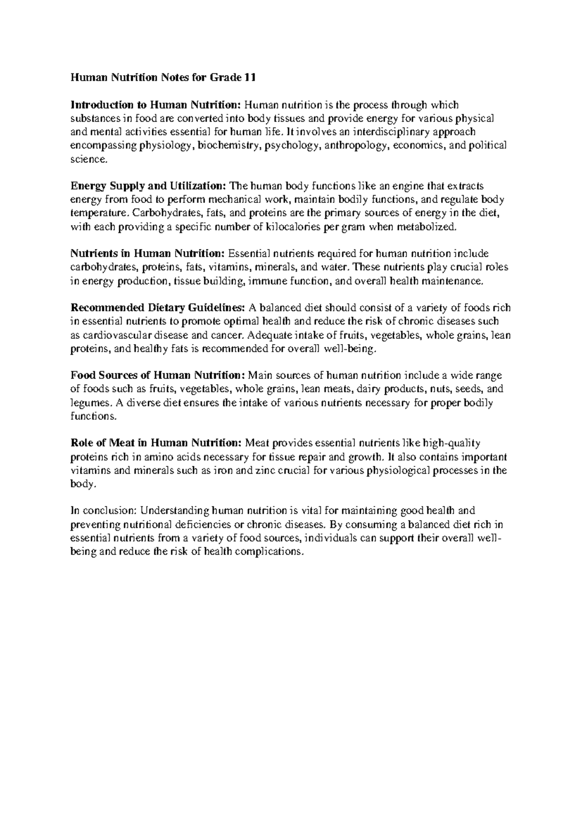 Grade 11 Human Nutrition Study Notes: Key Concepts & Guidelines - Studocu