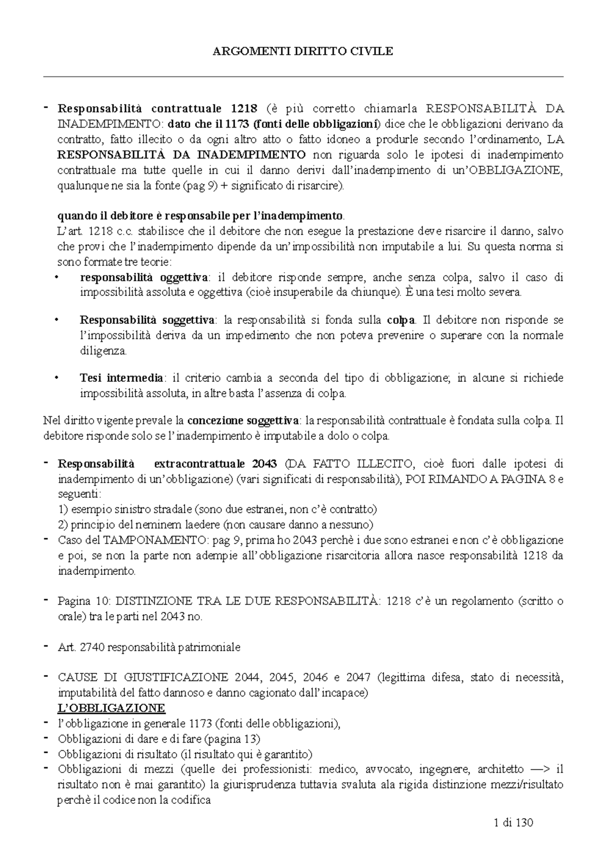 Argomenti di Diritto Civile: Responsabilità e Obbligazioni - Studocu