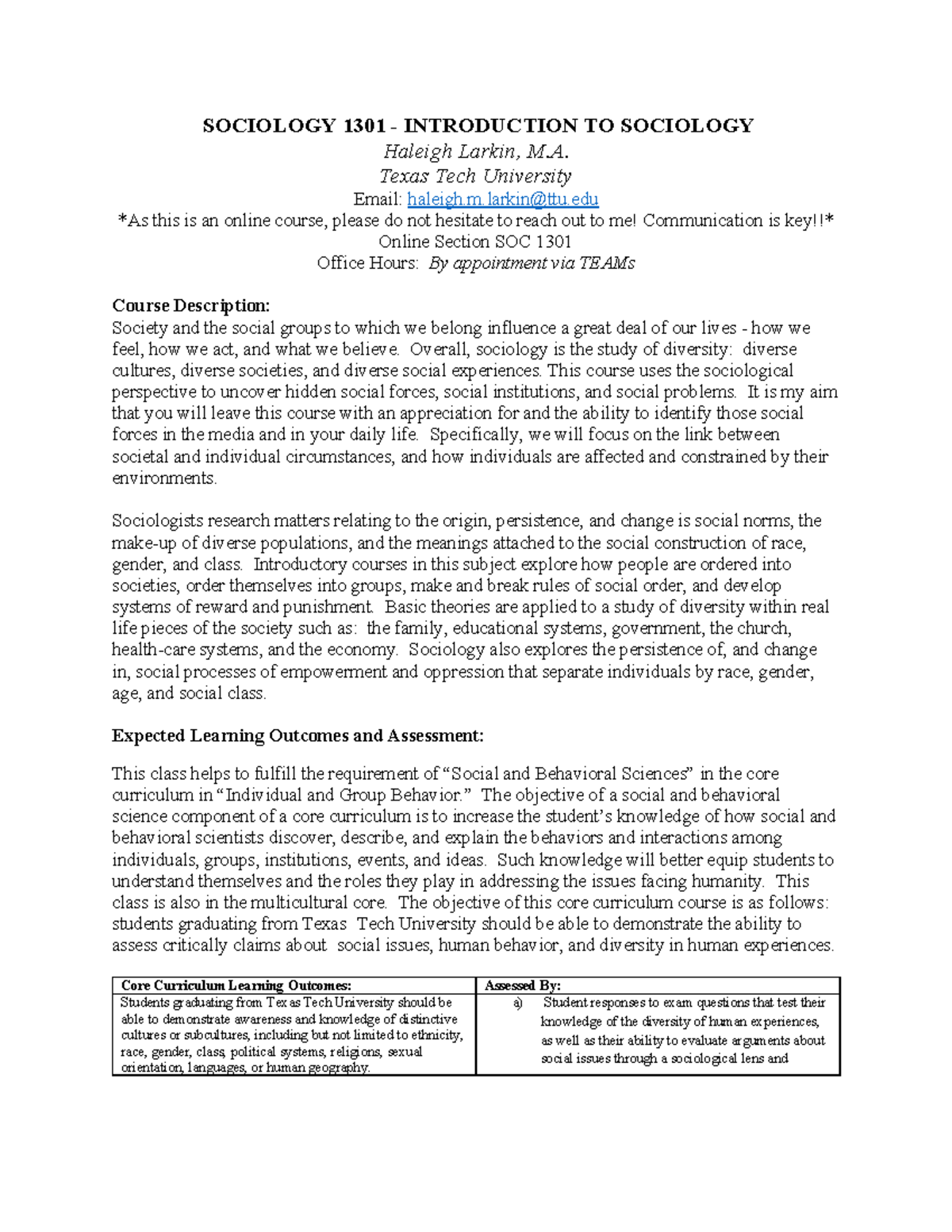 SOC 1301 - Introduction to Sociology Course Syllabus - Studocu