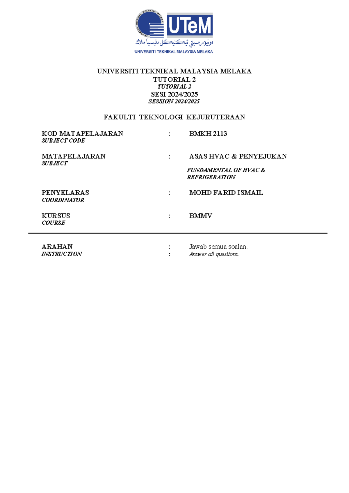 BMKH 2113 Tutorial 2: HVAC Refrigeration Case Study Analysis - Studocu