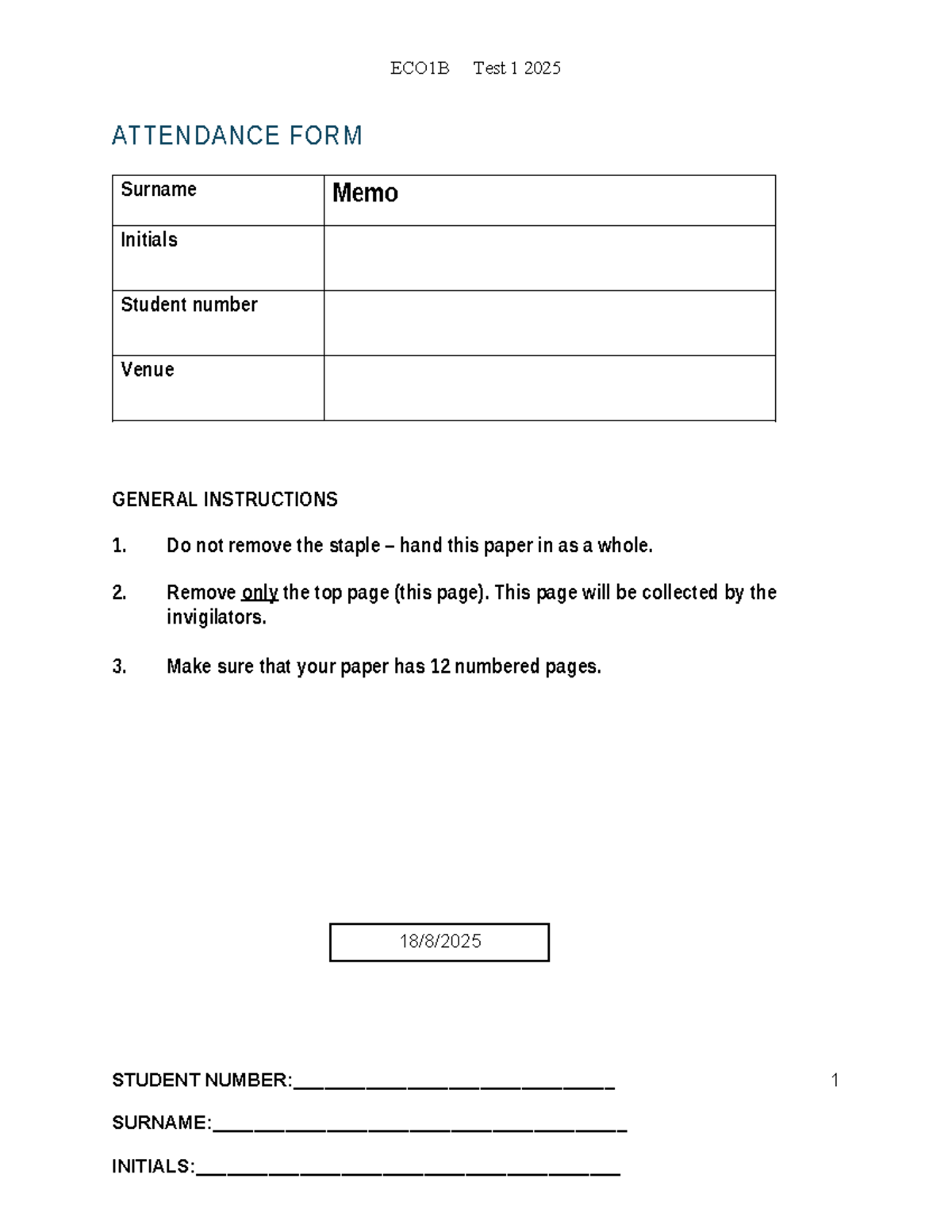 ECO1B 2025 Test 1 Attendance & Instructions Memo - Studocu