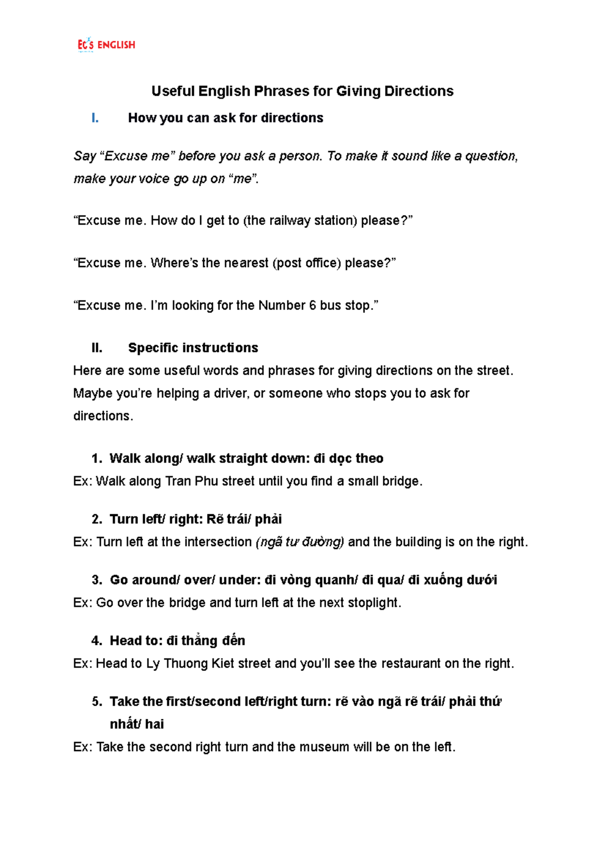 Useful English Phrases for Asking & Giving Directions - Studocu