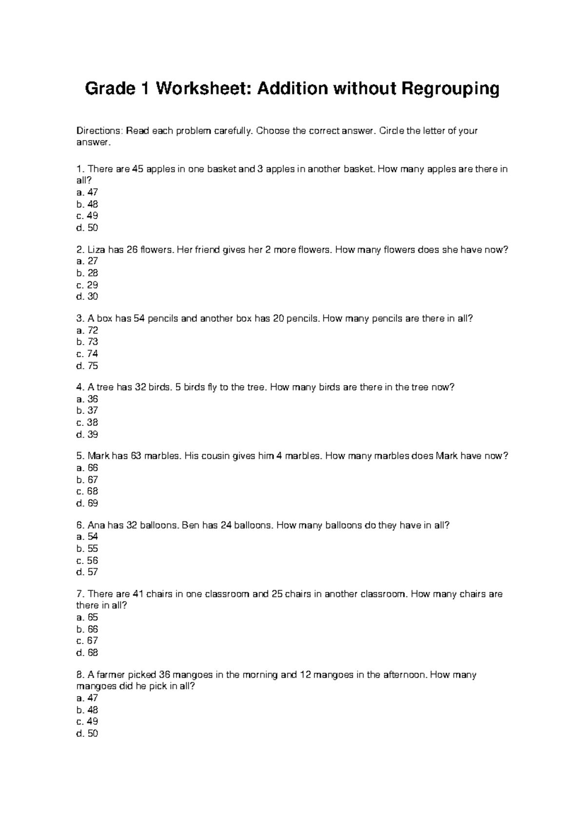 Grade 1 Math Worksheet: Addition Without Regrouping - Studocu
