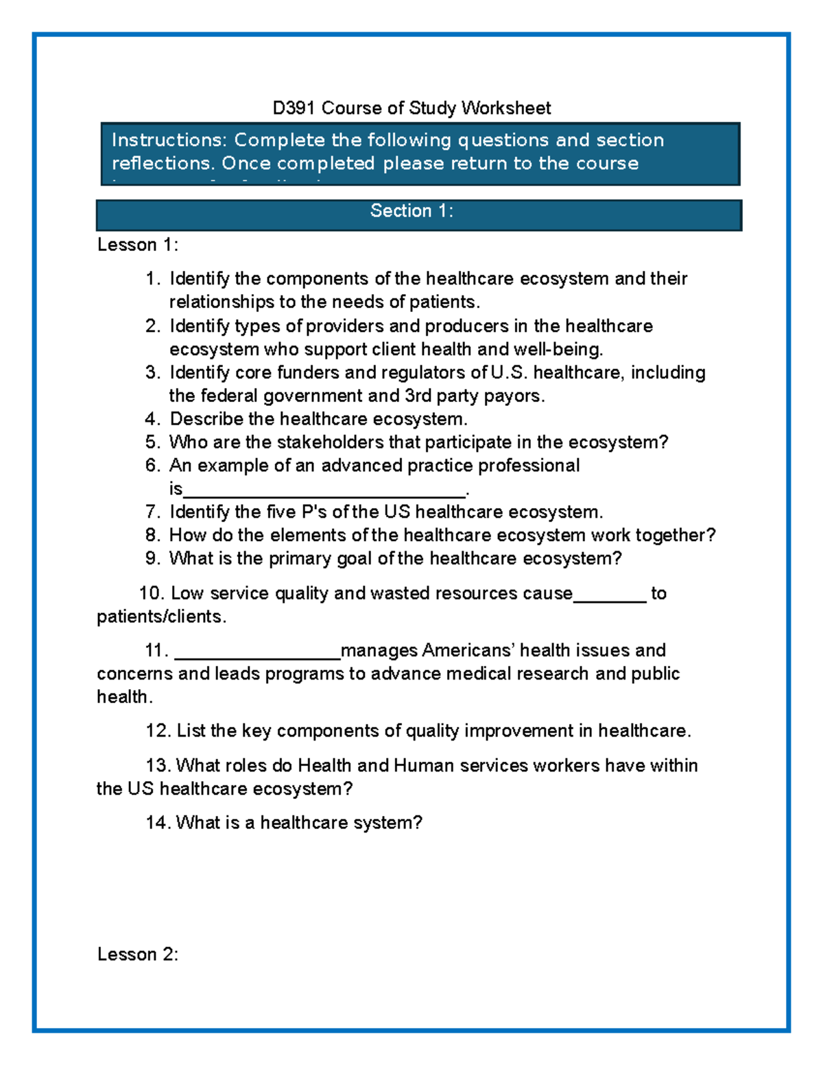 D391 Healthcare Ecosystem & Decision-Making Study Guide - Studocu
