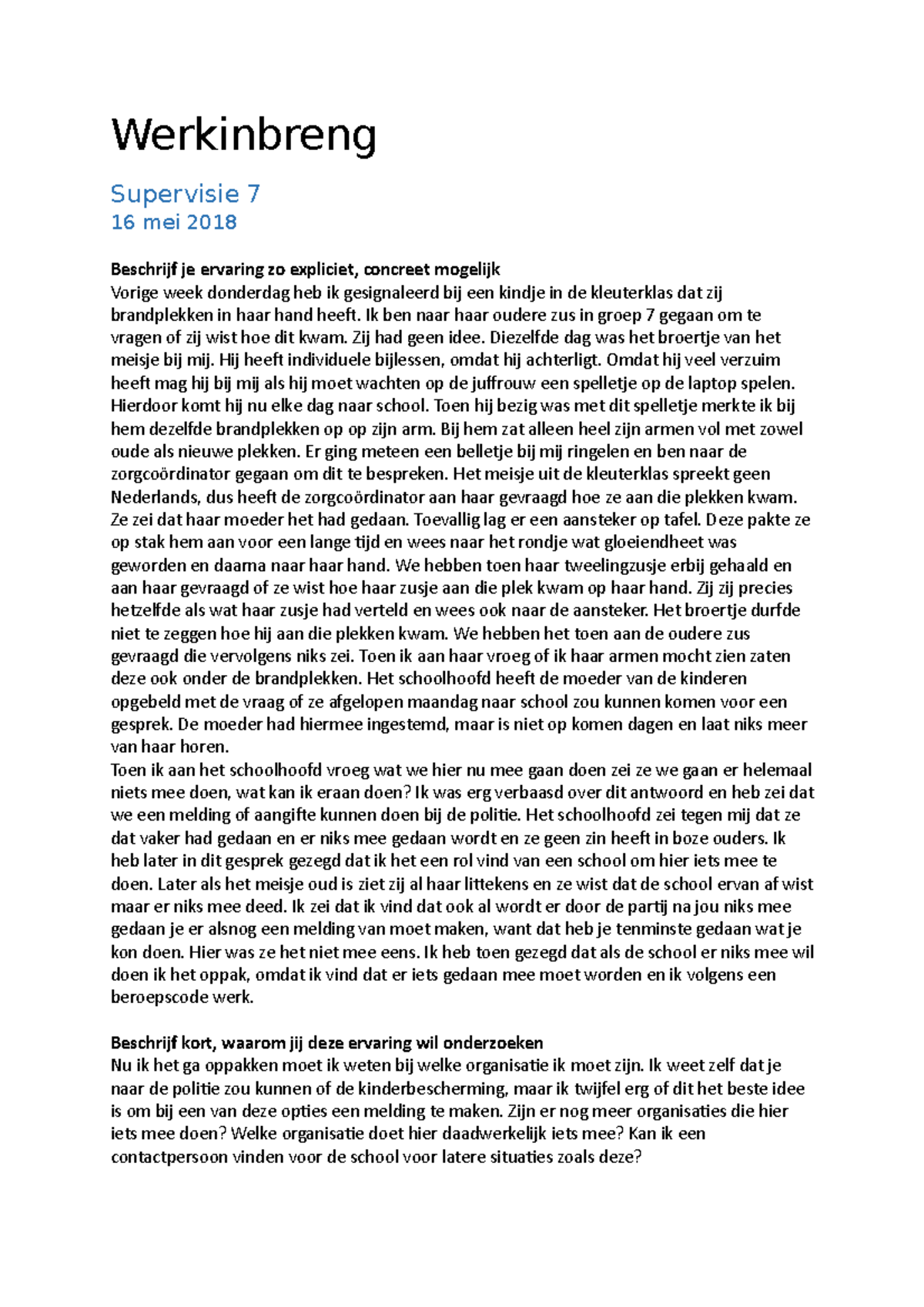 Reflectie Verslag Supervisie 7 - Beleving en Onderzoek naar Kindermishandeling - Studeersnel