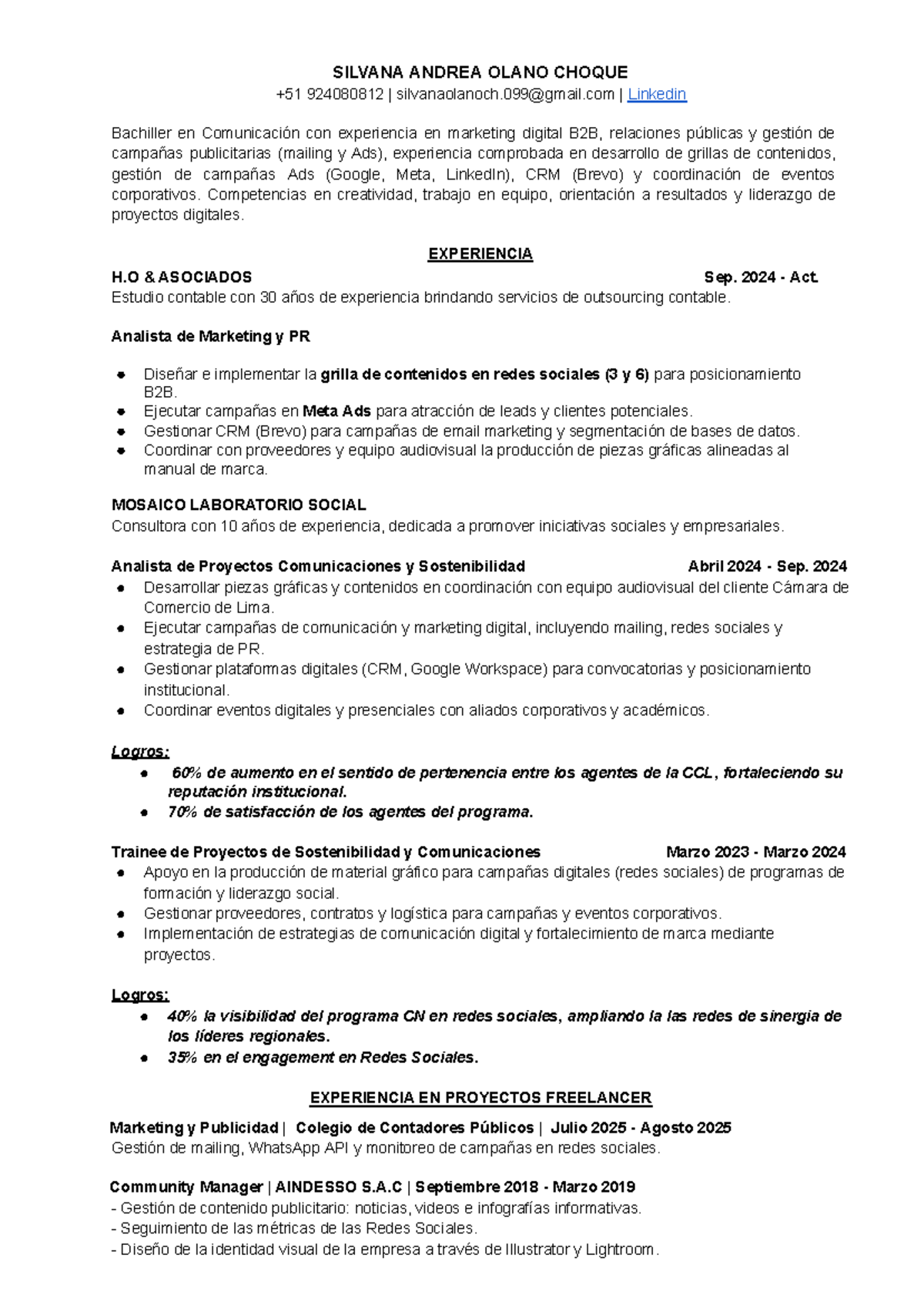 CV de Silvana Olano - Bachiller en Comunicación y Marketing Digital ...