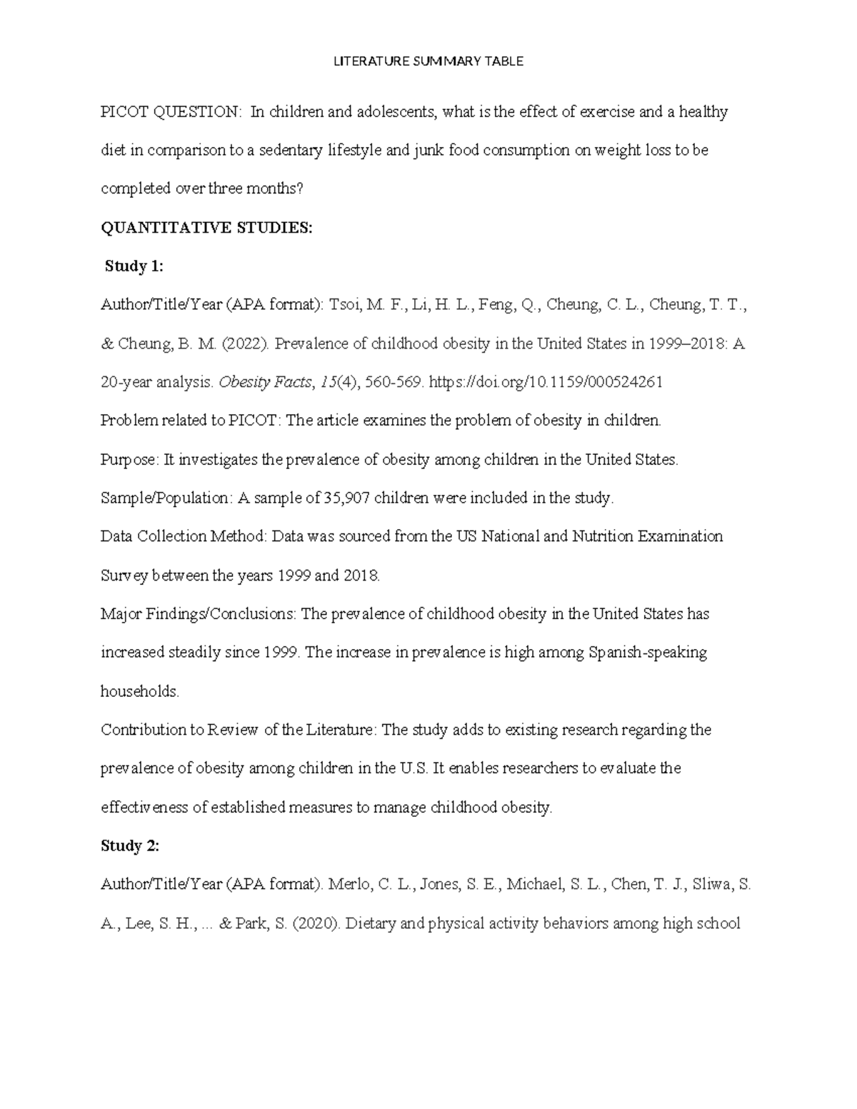 PICOT Analysis on Exercise & Diet vs. Sedentary Lifestyle in Youth ...
