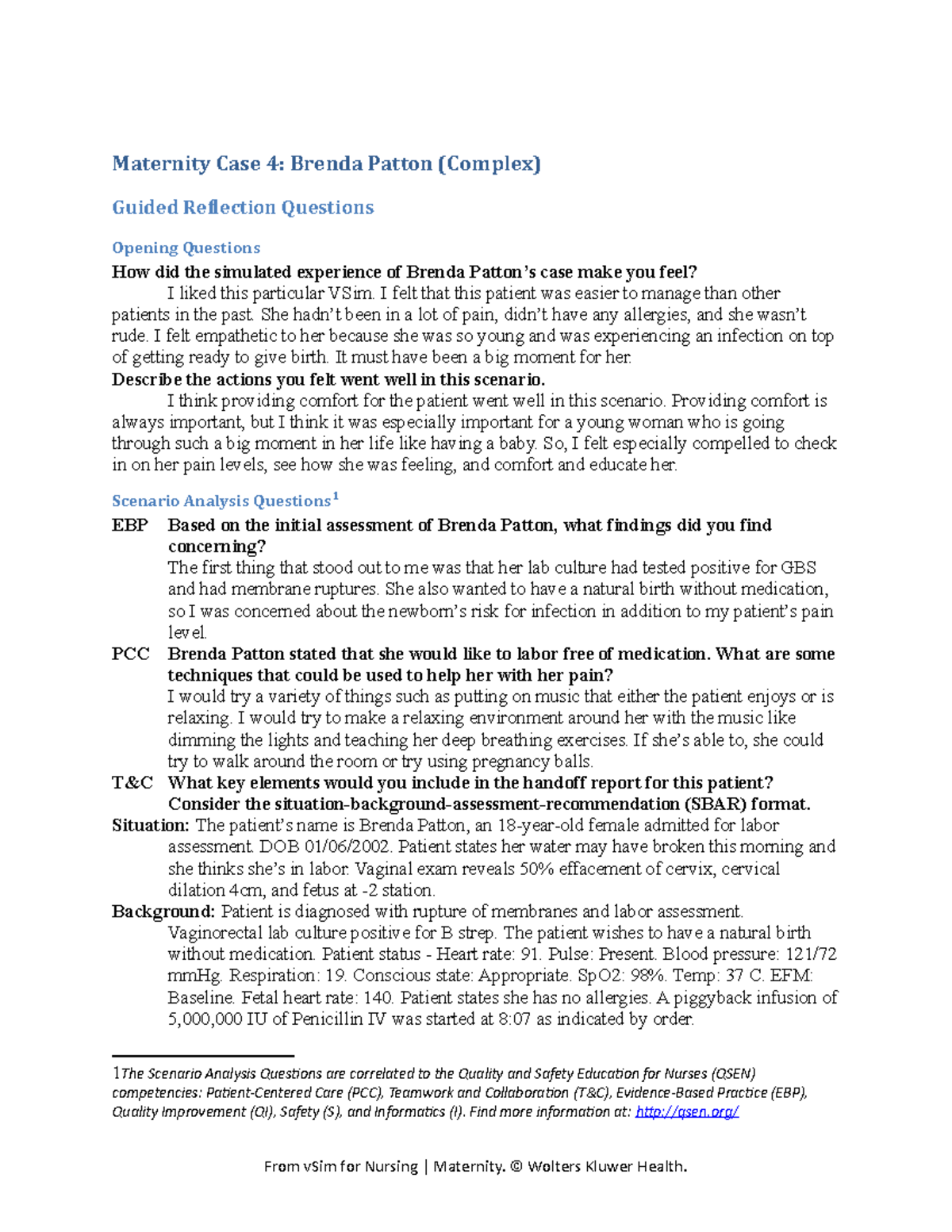 NUR 301 Maternity Case Study: Guided Reflection on Brenda Patton - Studocu