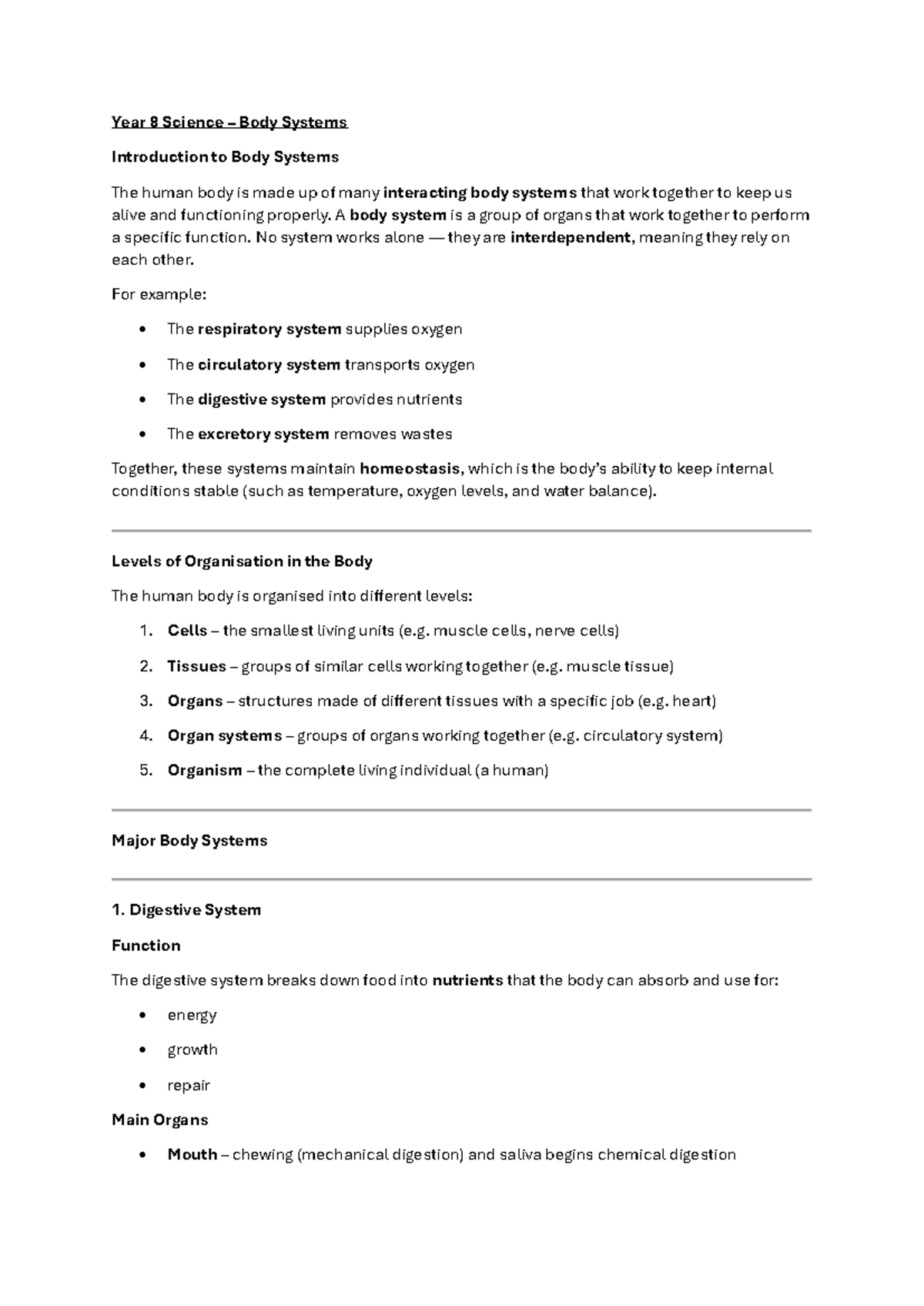 Year 8 Science: Introduction to Body Systems Overview - Studocu