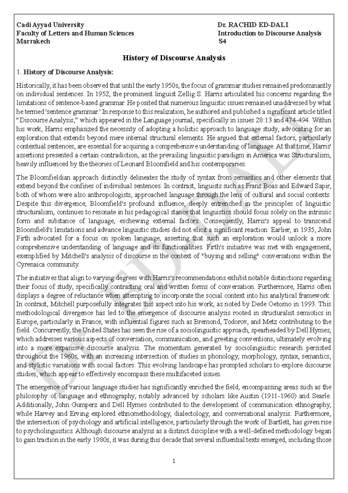 2. History of Discourse Analysis - Faculty of Letters and Human ...