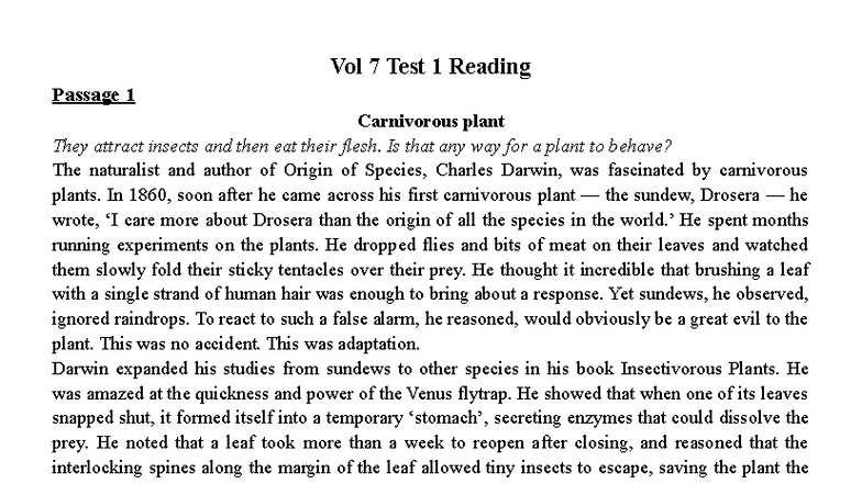 Vol 7 Test 1 Reading Passage: Fascinating Carnivorous Plants - Studocu