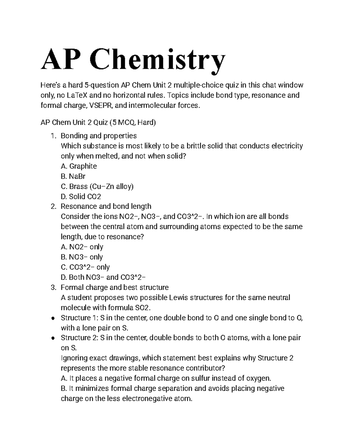AP Chem Unit 2 Quiz: Bonding, Resonance & Formal Charge Insights - Studocu