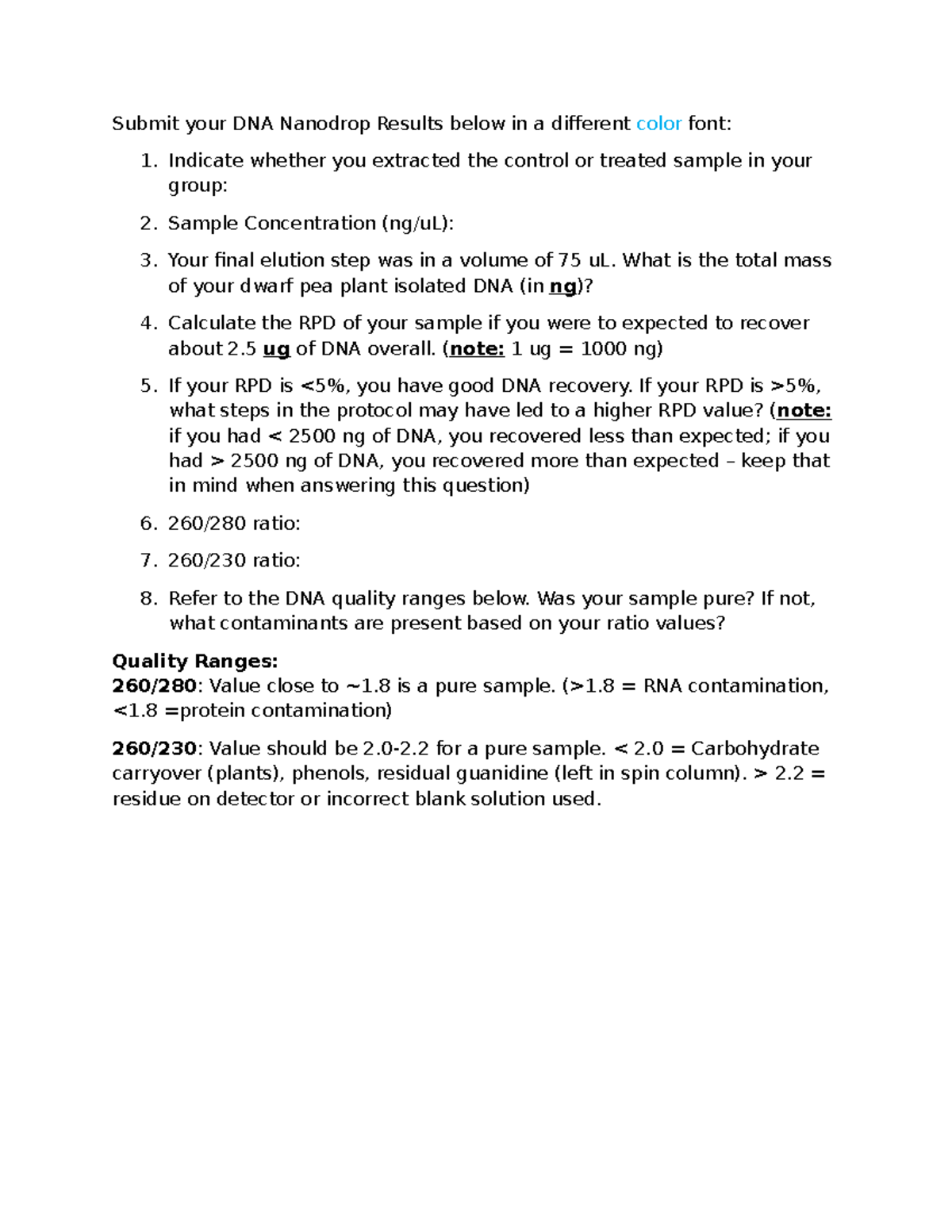 3-Pea Plant DNA Isolation Nanodrop Analysis Report - Studocu