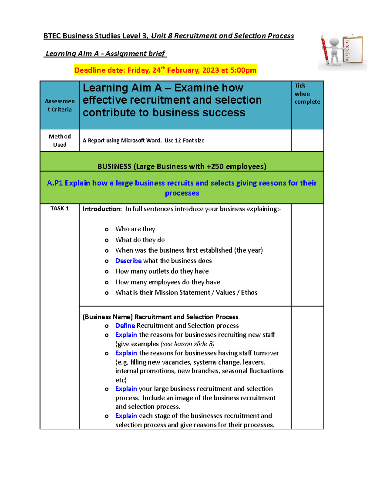 Assignment 1 Helpsheet LA - BTEC Business Studies Level 3, Unit 8 ...