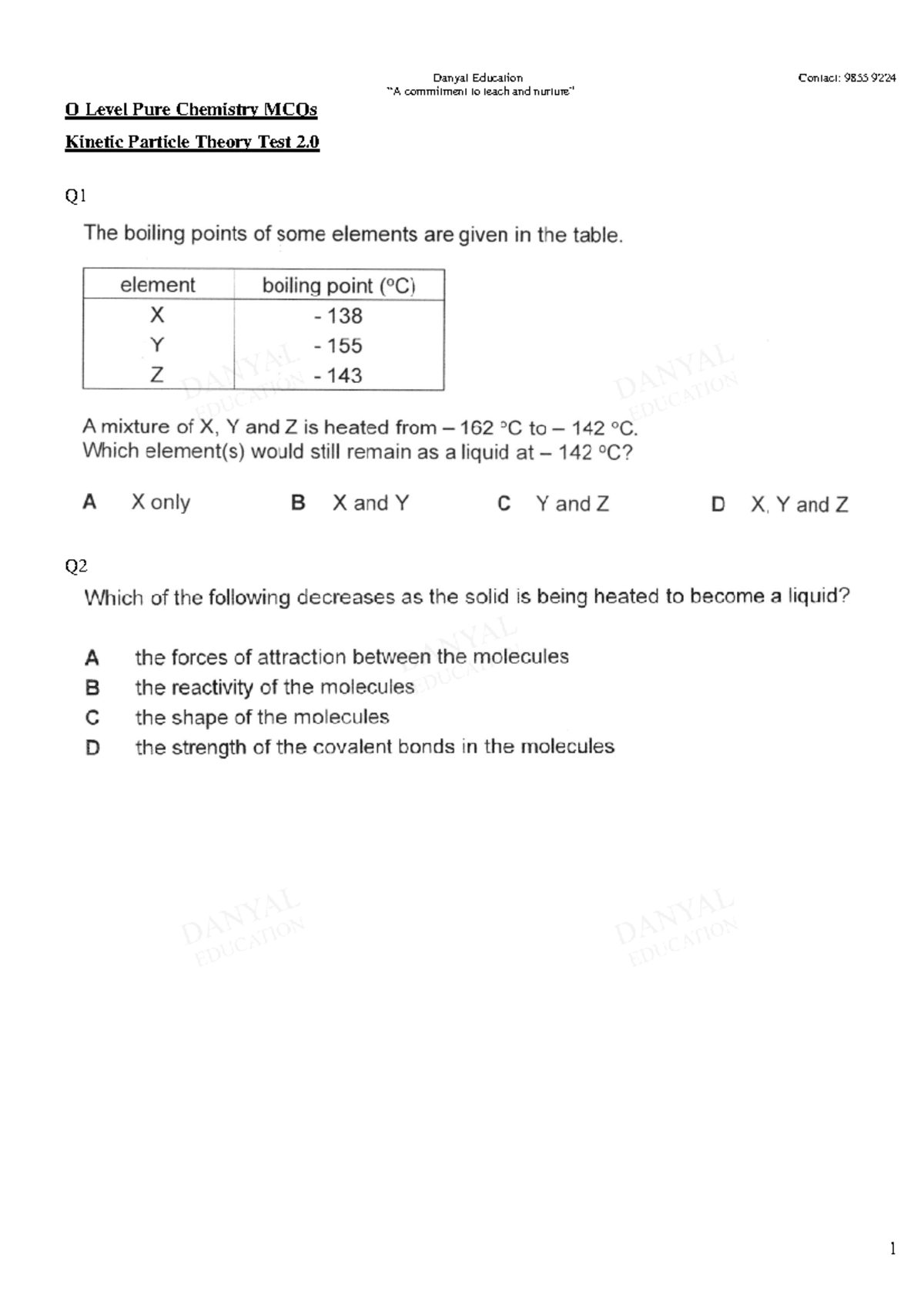 O Level Pure Chemistry MCQs: Kinetic Particle Theory Test 2.0 - Studocu