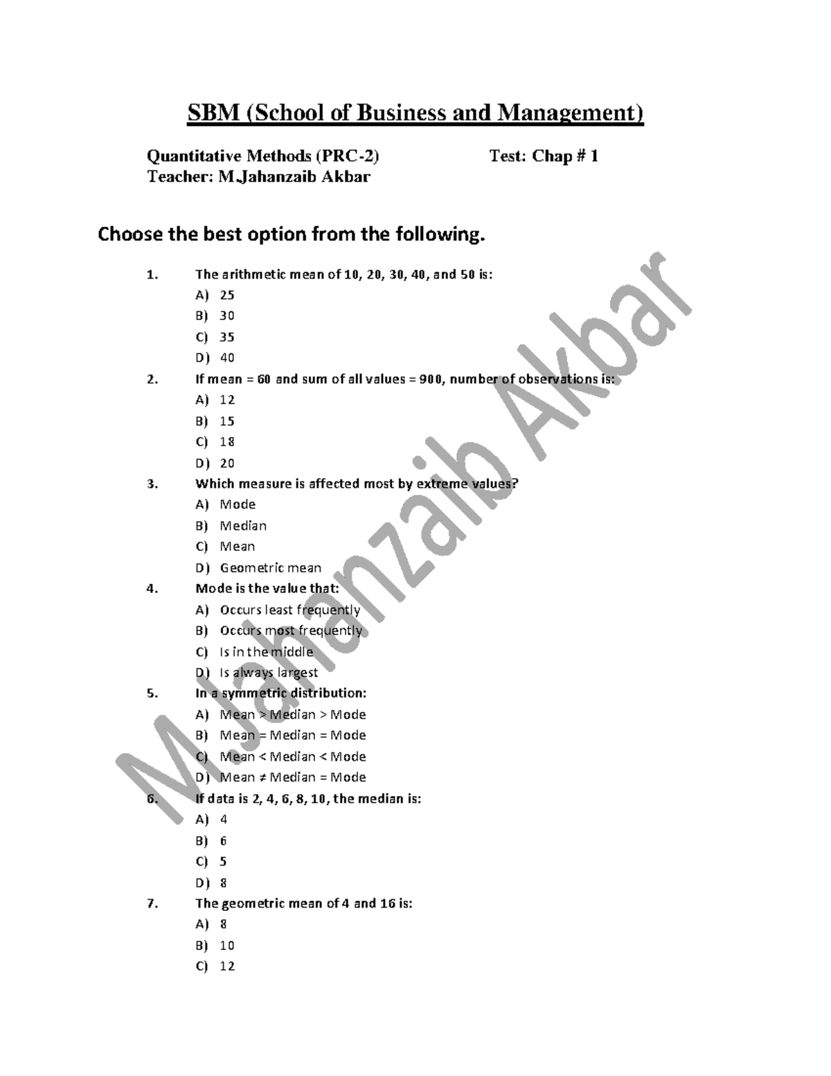 SBM Quantitative Methods Test: Chapter 1 Questions and Answers - Studocu