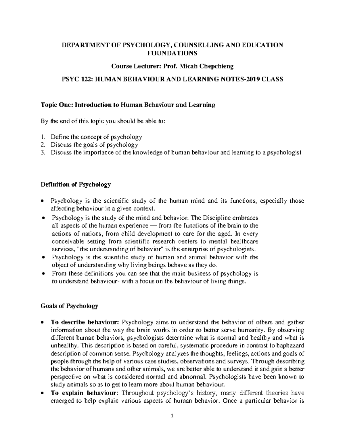 PSYC 122: Human Behaviour and Learning - Topic One Overview - Studocu