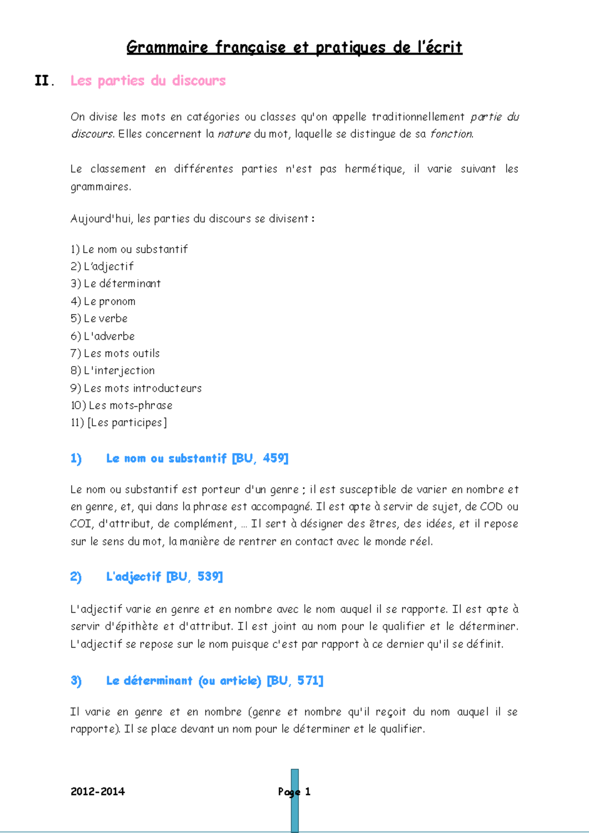 Les parties du discours - Concepts et définitions importantes [BU, 459 ...