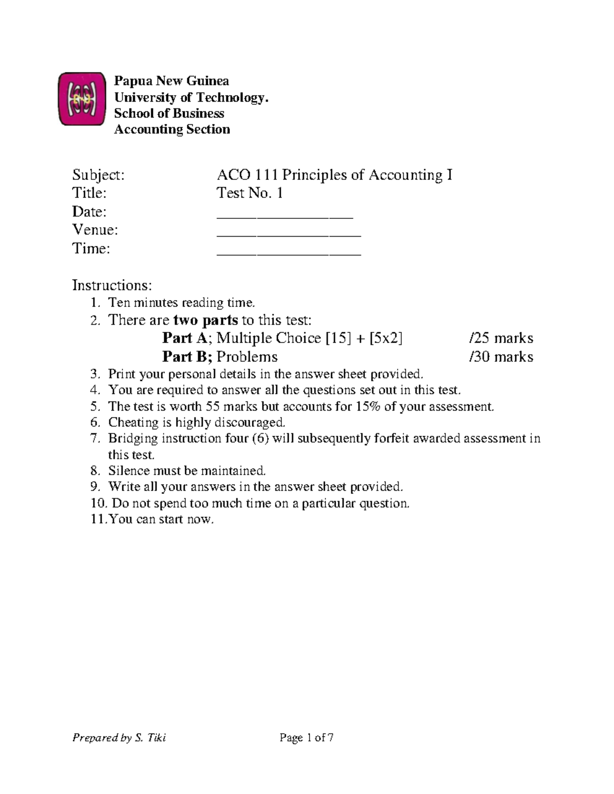 ACO111 Principles of Accounting I Test 1 - Lecture Notes 2025 - Studocu